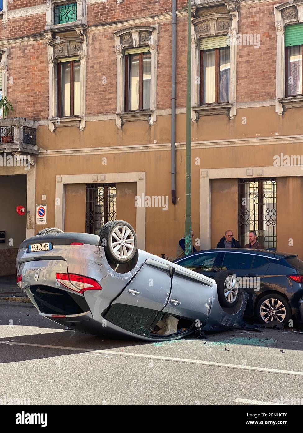 Cremona, Italy - 18th April 2023 just rolled over crashed car after an ...