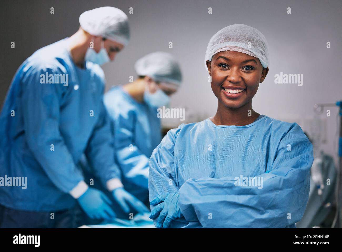 Surgery, portrait and black woman doctor in theater for hospital teamwork, leadership and ...