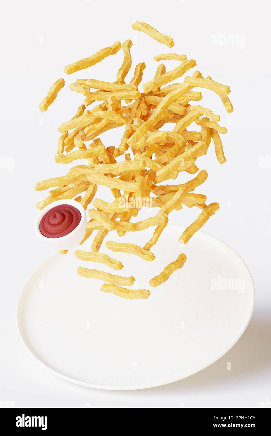 Flying French fries with sauce. 3d render Stock Photo - Alamy