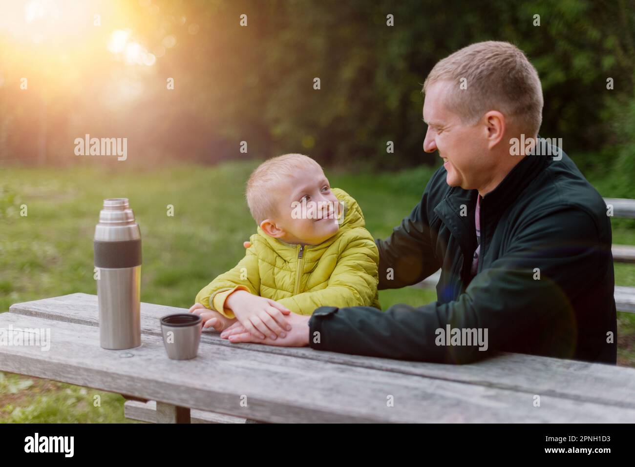Happy family: father and child boy son playing and laughing in autumn ...