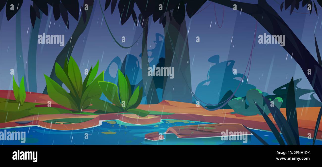 Swamp in jungle forest cartoon vector game background. Tropical scene ...