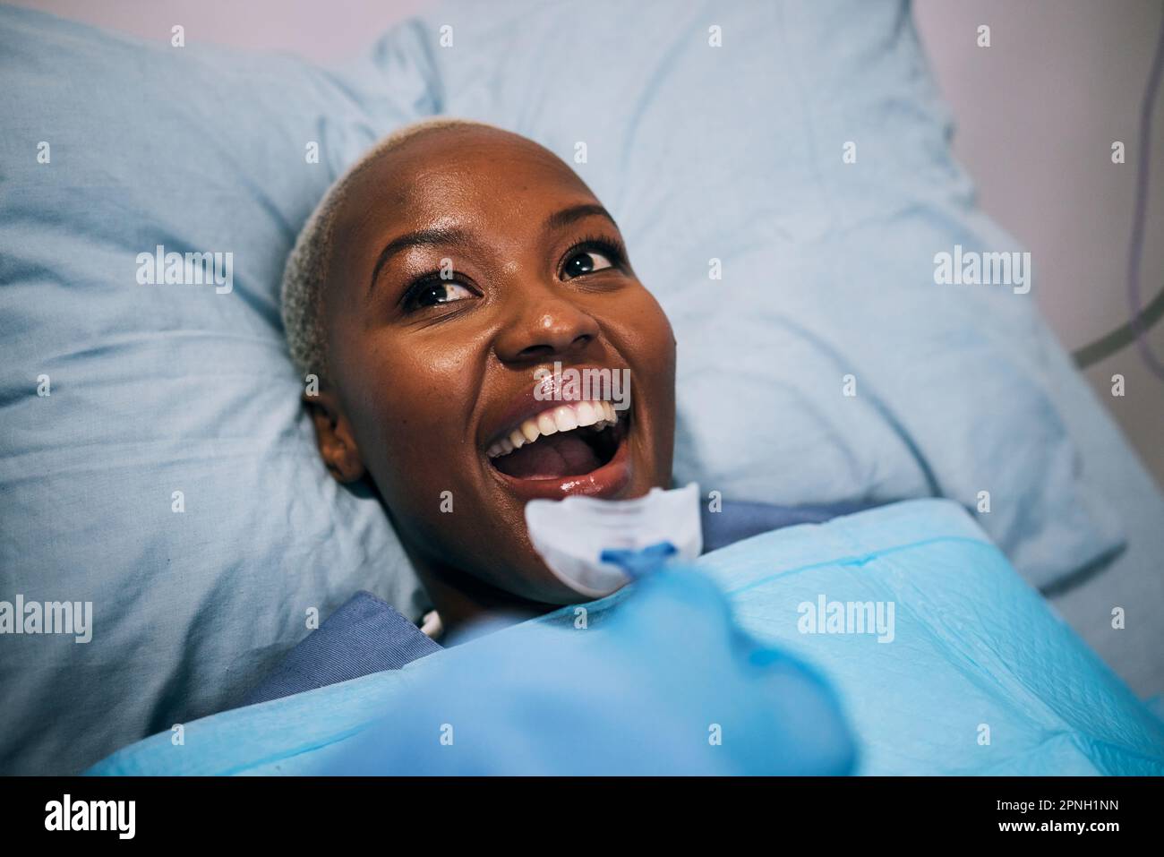 Dental, patient and black woman in a bed, healthcare and success with ...
