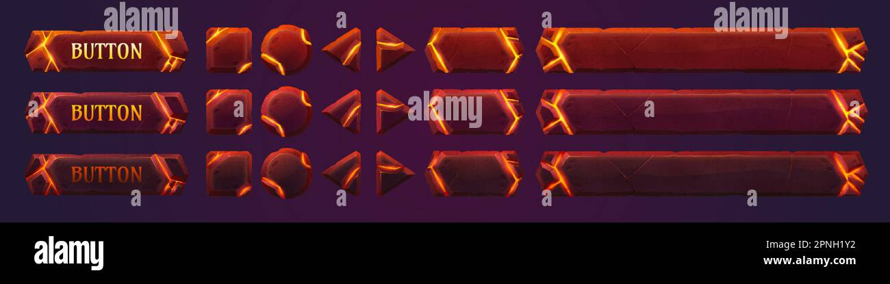Lava game ui button interface icon animation vector set. Cartoon fantasy rpg title sprite for ...