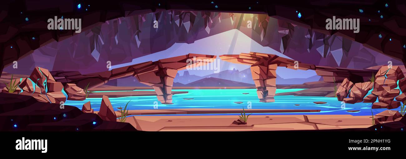 Underground mine cave view with water and light ray cartoon scene ...