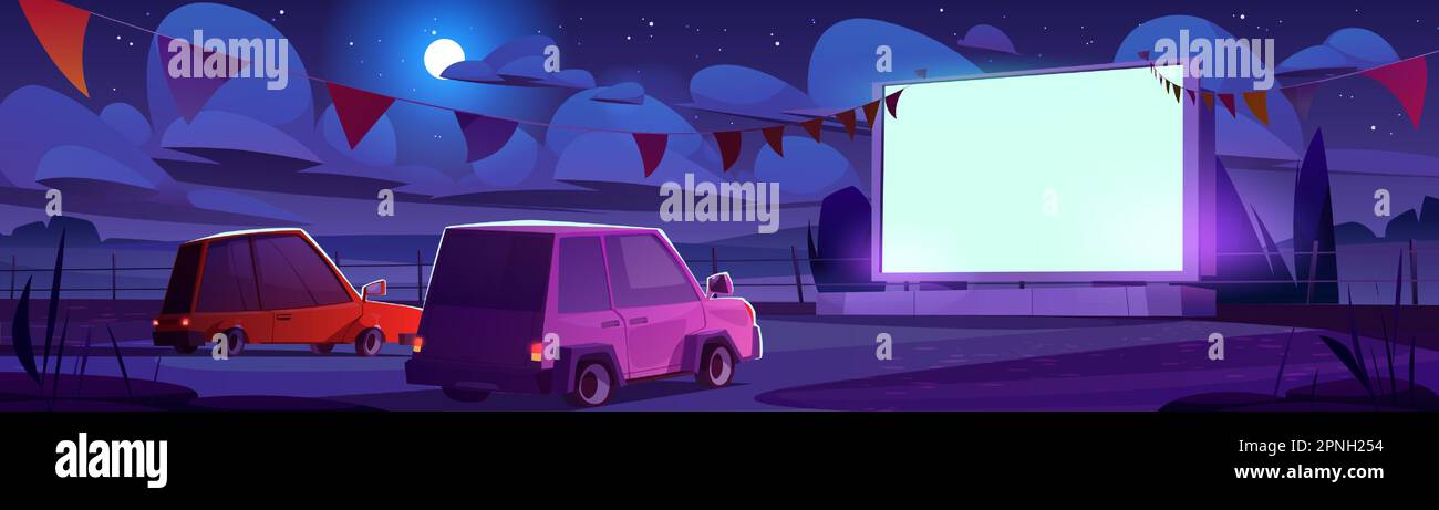 Night drive in outdoor cinema parking illustration. Theater festival ...