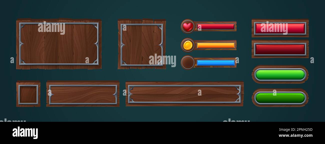 Cartoon set of wooden frames and buttons for game ui design. Vector ...
