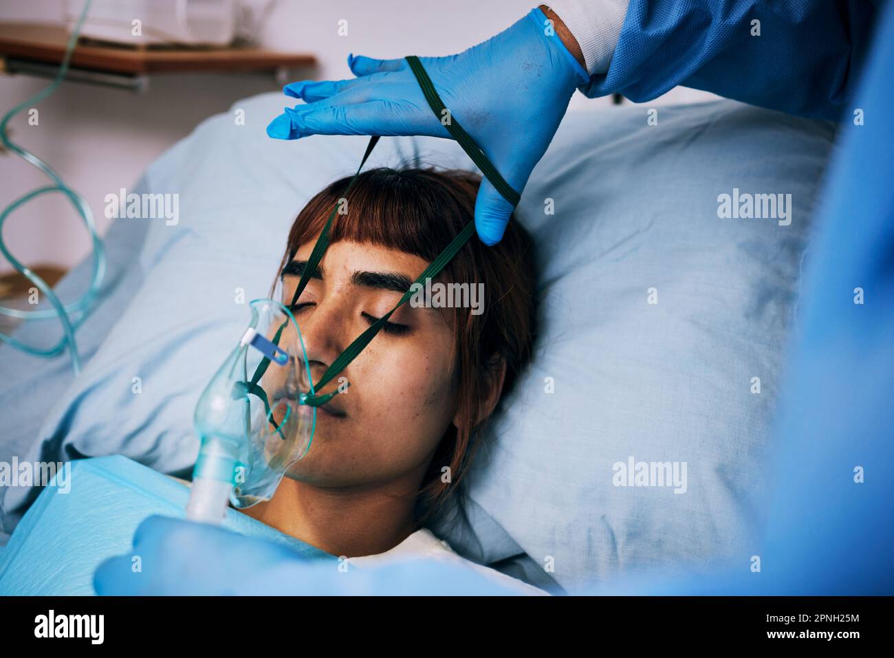 Recovery, patient and woman in bed, oxygen and healthcare problem with ...