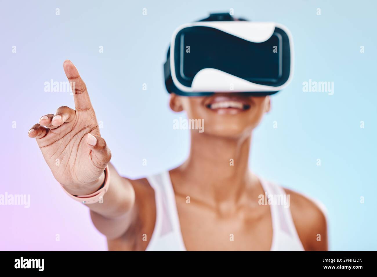 VR, hand interaction and woman isolated on gradient background ...