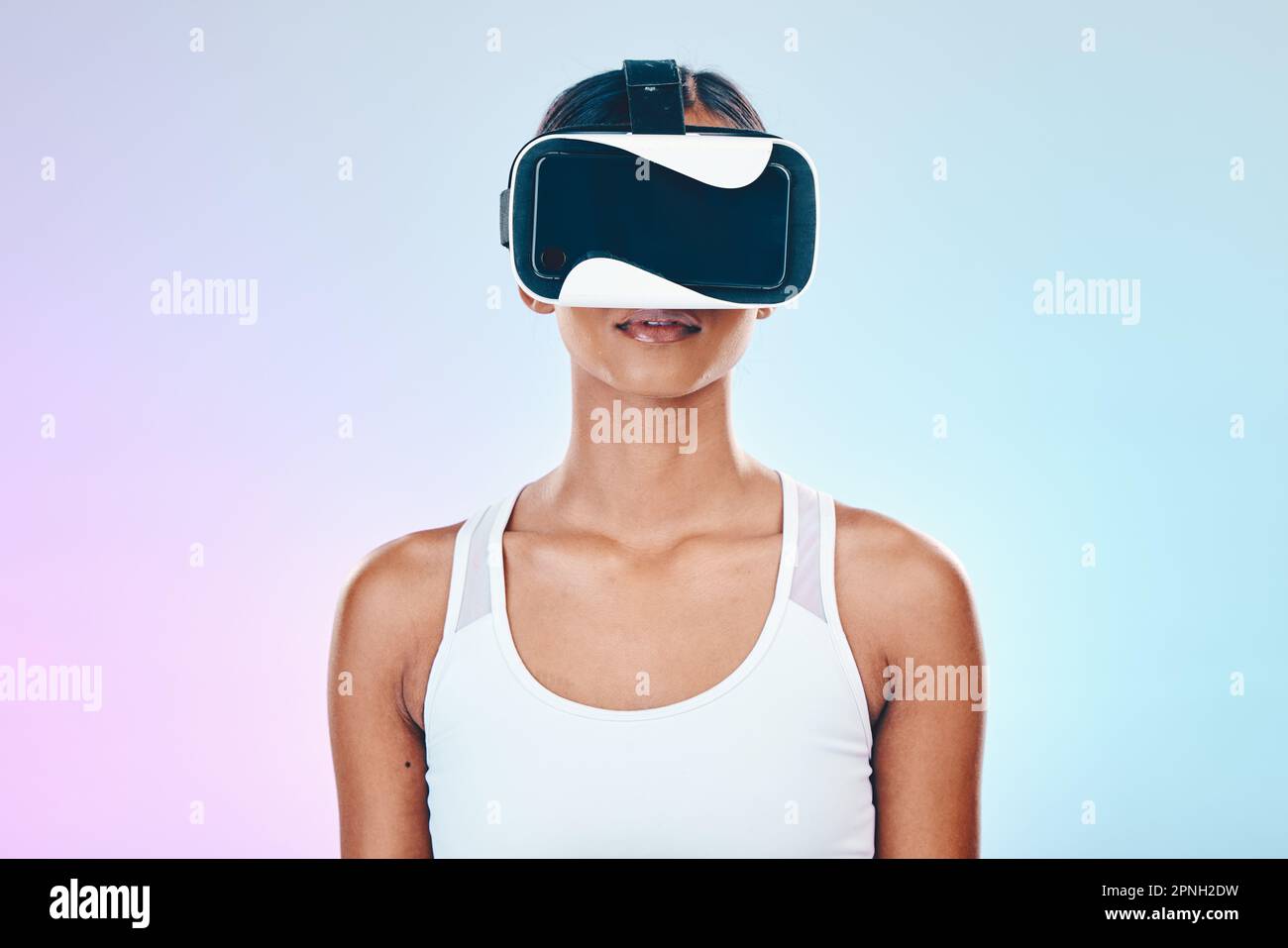 Virtual reality, glasses and woman vision isolated on studio, gradient ...