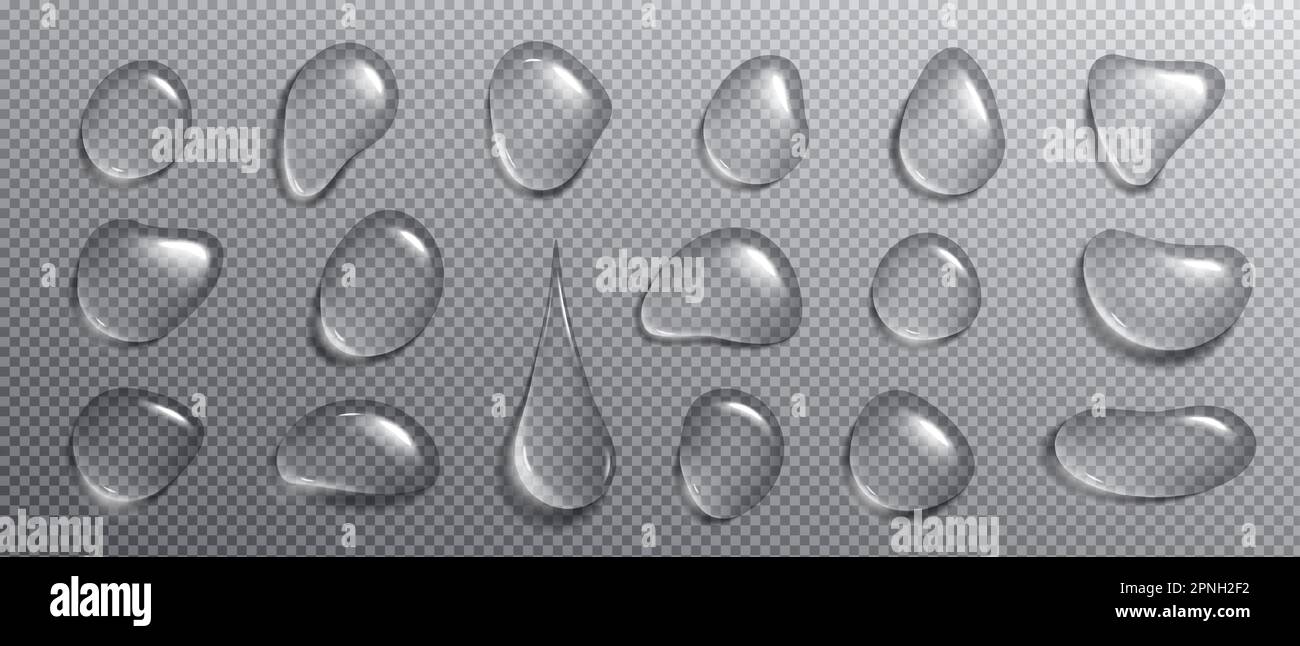 Realistic condensation water tears. Isolated vector droplet on transparent background. 3d clear ...