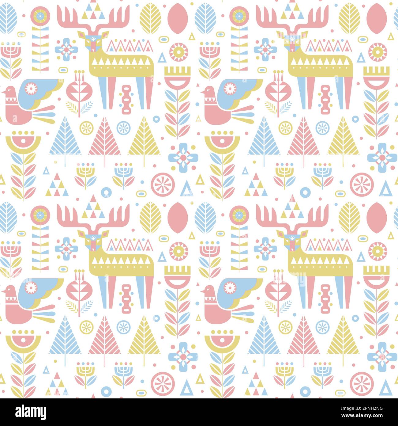 Folk Animals Plants and Flowers in Nordic Pattern Stock Vector Image ...