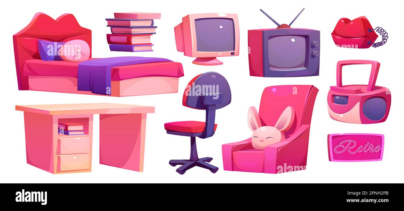 Y2k girl bedroom furniture cartoon vector set. Isolated teenage bed ...