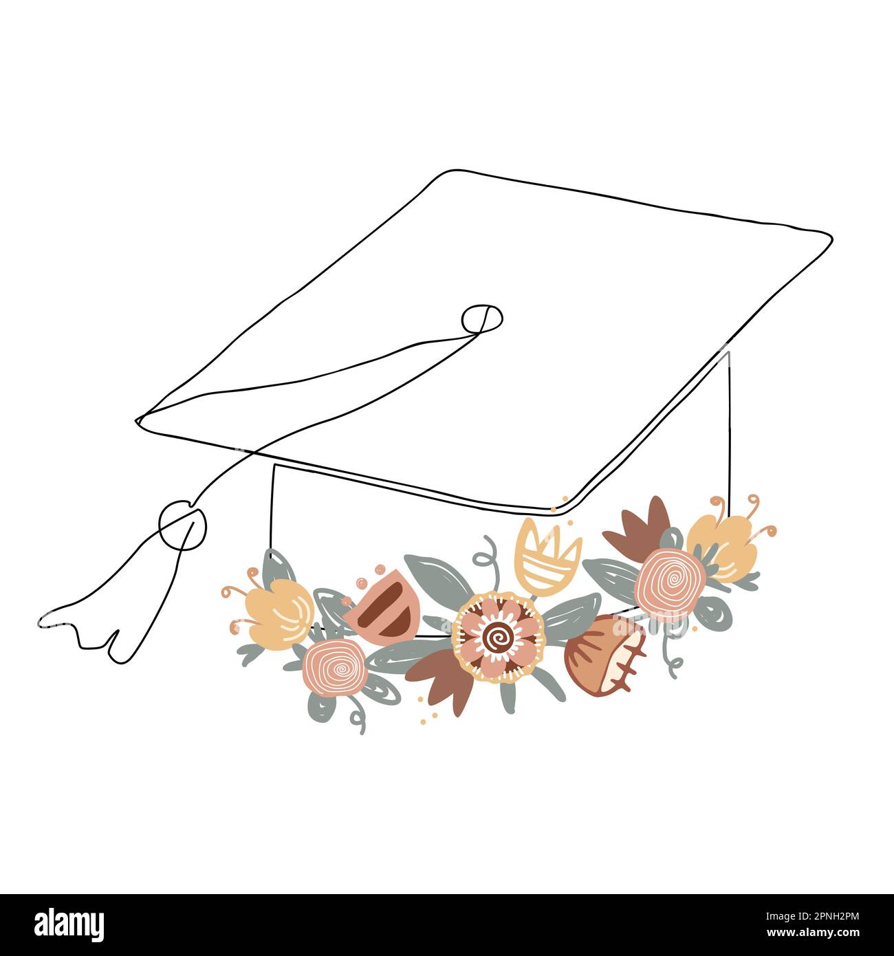 Graduation hat decorated with flower wreath. Mortarboard in continuous ...