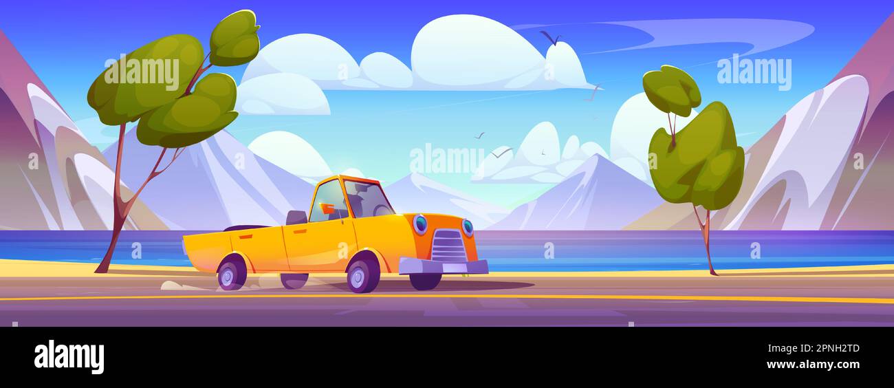 Cartoon yellow car riding mountain road. Vector illustration of ...