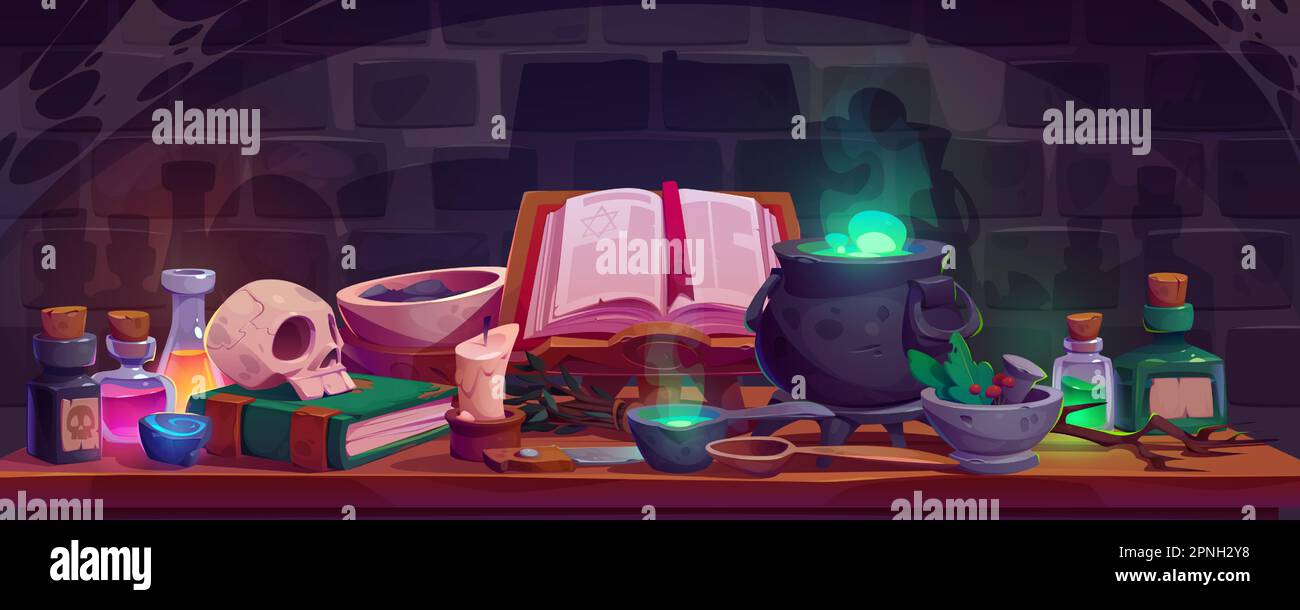 Alchemist table in witch house cartoon background. Old laboratory room ...