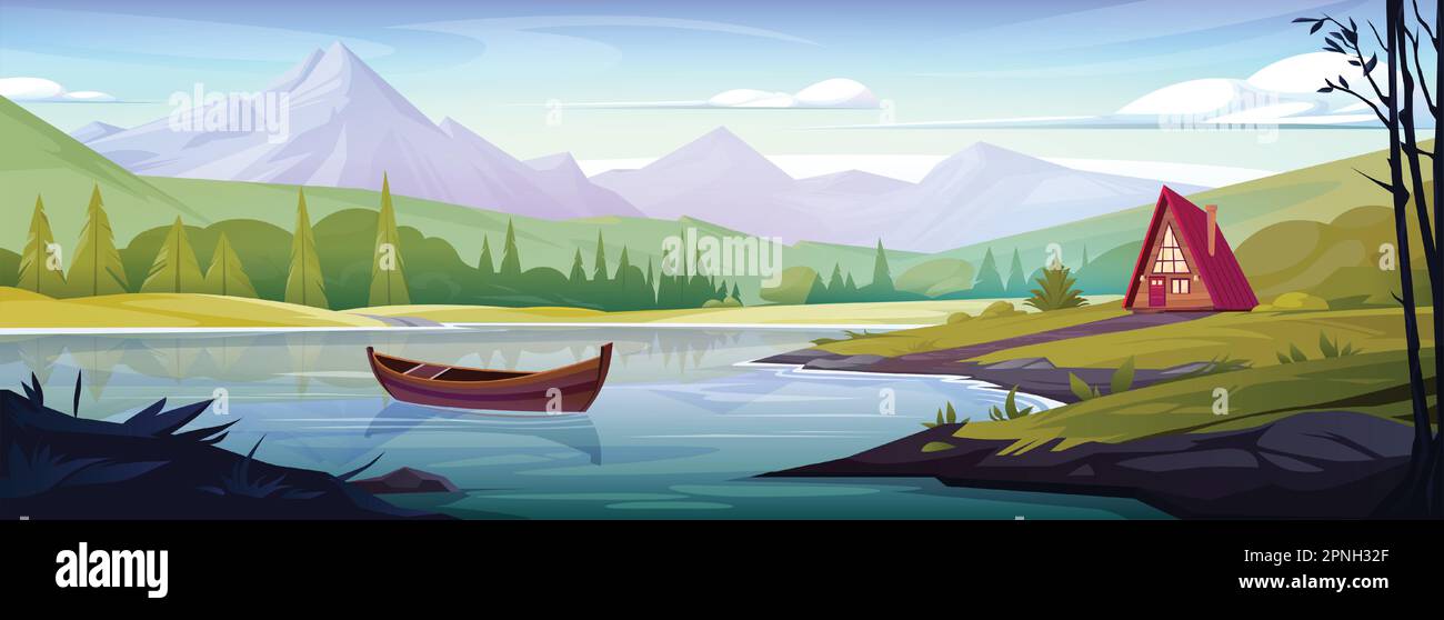 Spring alps mountain panorama view cartoon background. Lonely hut near ...