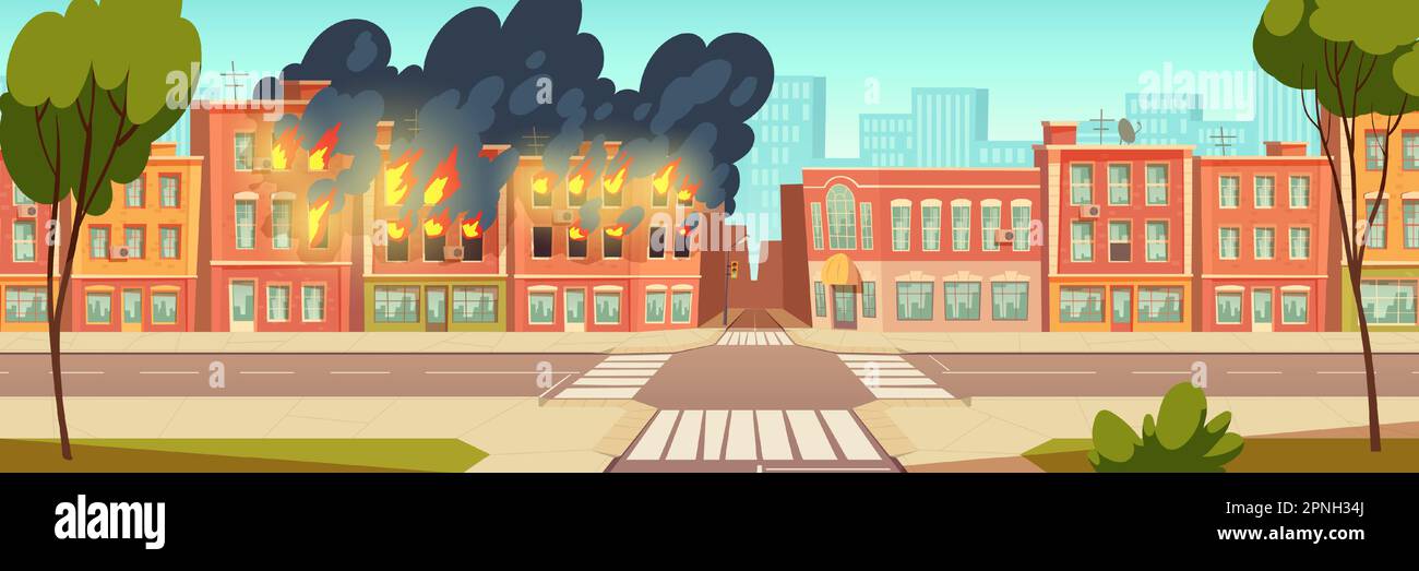 Fire in city house, vector cartoon urban landscape with burning ...