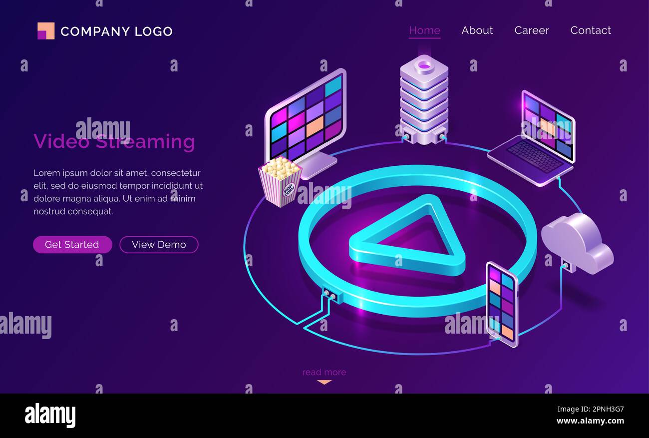 Video streaming isometric landing page, digital gadgets connected via ...