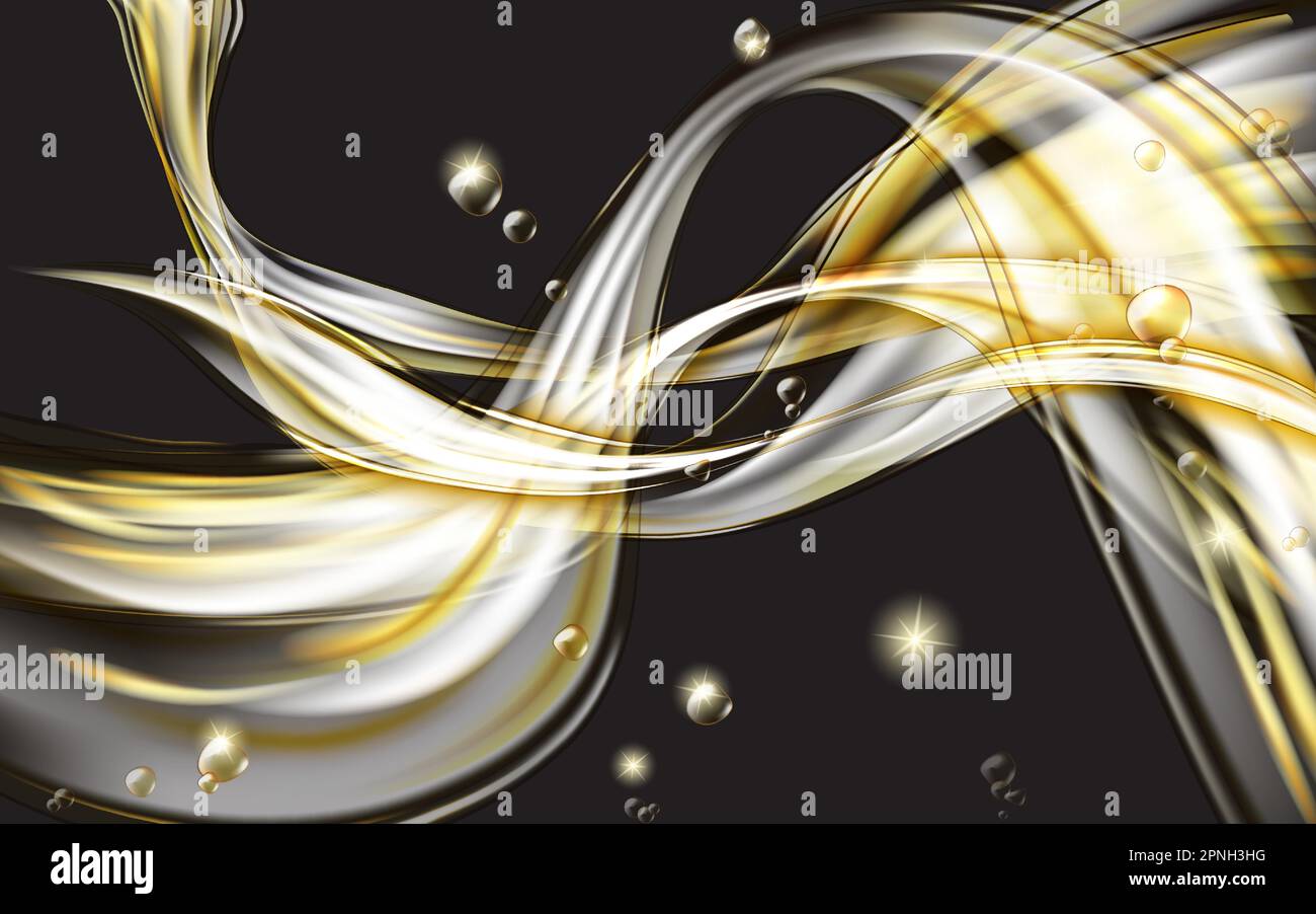 Yellow golden flowing liquid vector abstract background, oil texture on black. Streams of oil ...