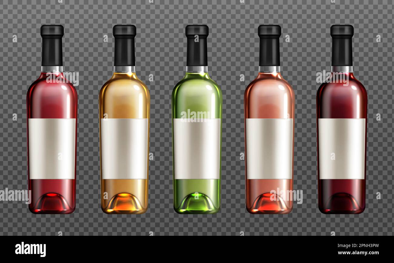 Wine glass bottles with red, green, golden and rose liquid realistic ...