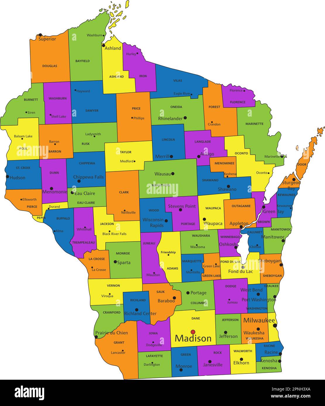 Colorful Wisconsin political map with clearly labeled, separated layers ...