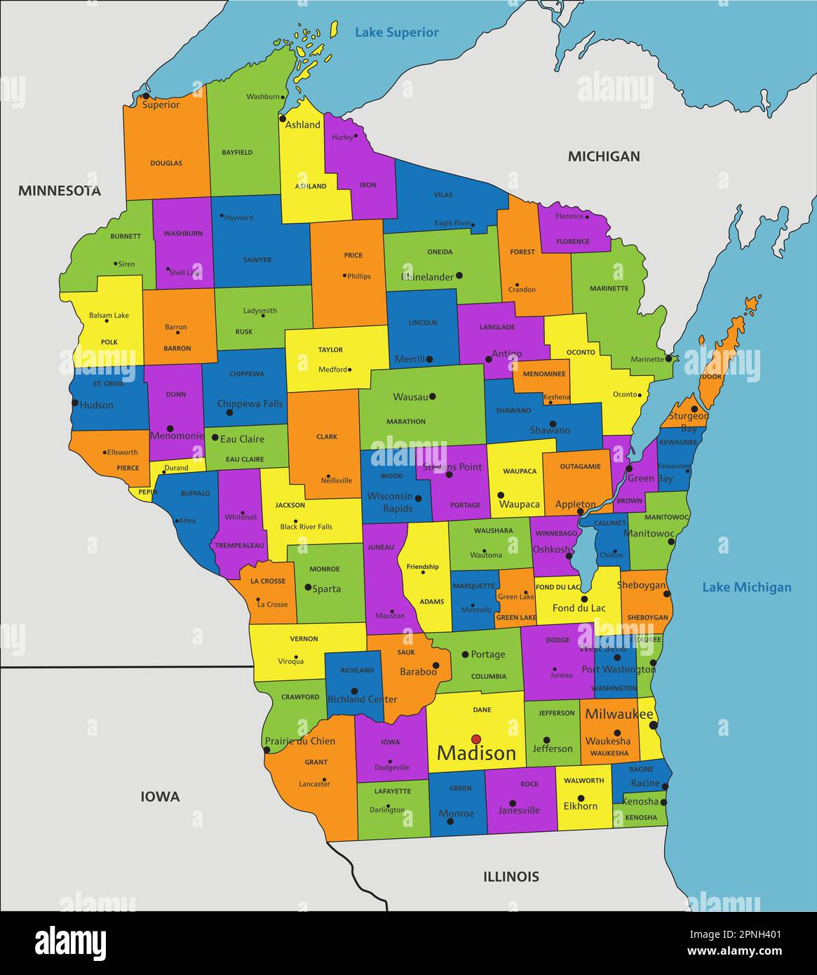 Colorful Wisconsin political map with clearly labeled, separated layers ... Colorful Wisconsin political map with clearly labeled, separated layers ...