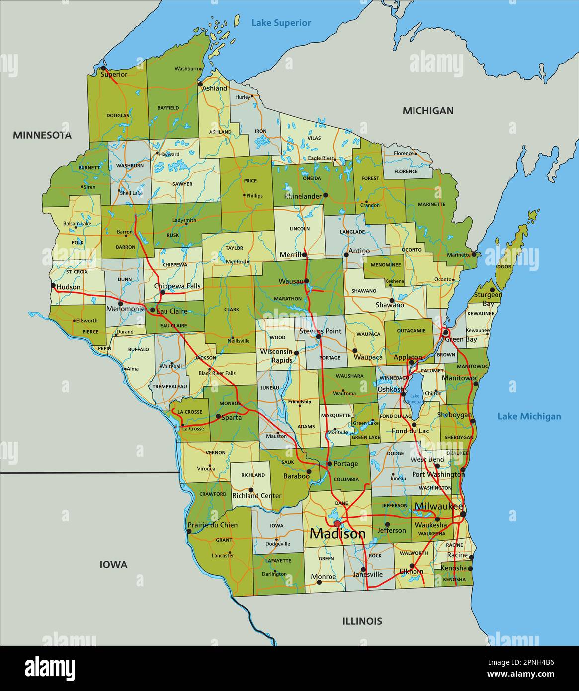Highly detailed editable political map with separated layers. Wisconsin ...
