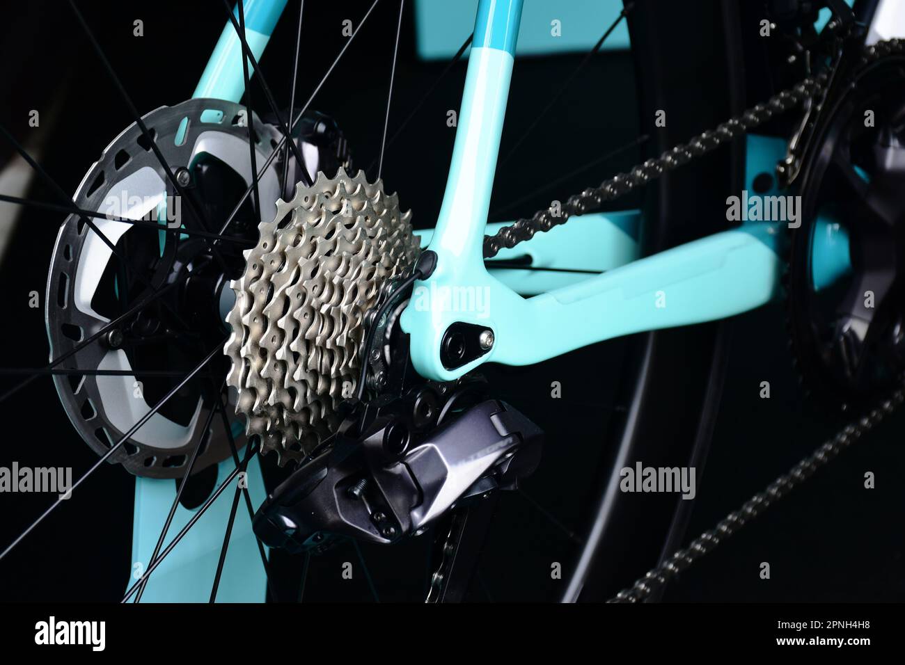 isolated bicycle rear wheel closeup view. gearshift, gearwheel and ...