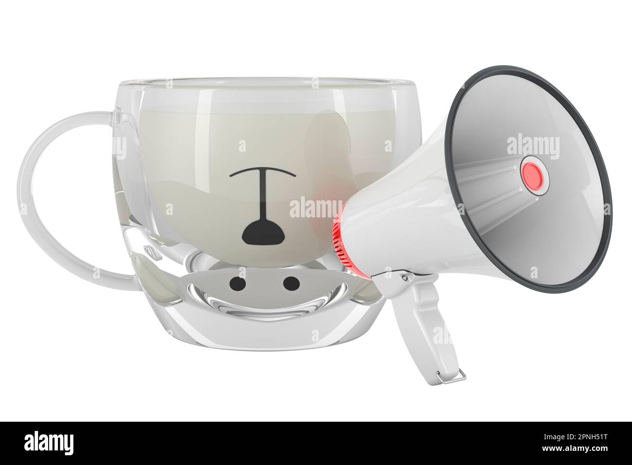 Bear tea cup full of milk with megaphone, 3D rendering isolated on ...