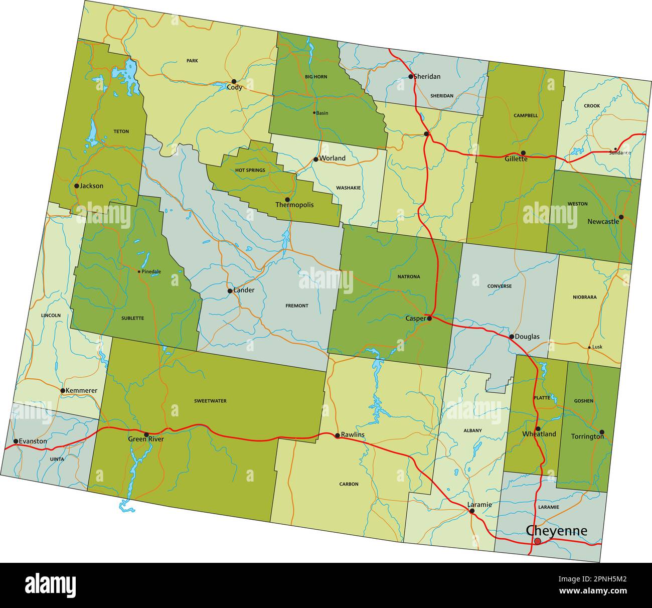 Highly detailed editable political map with separated layers. Wyoming ...
