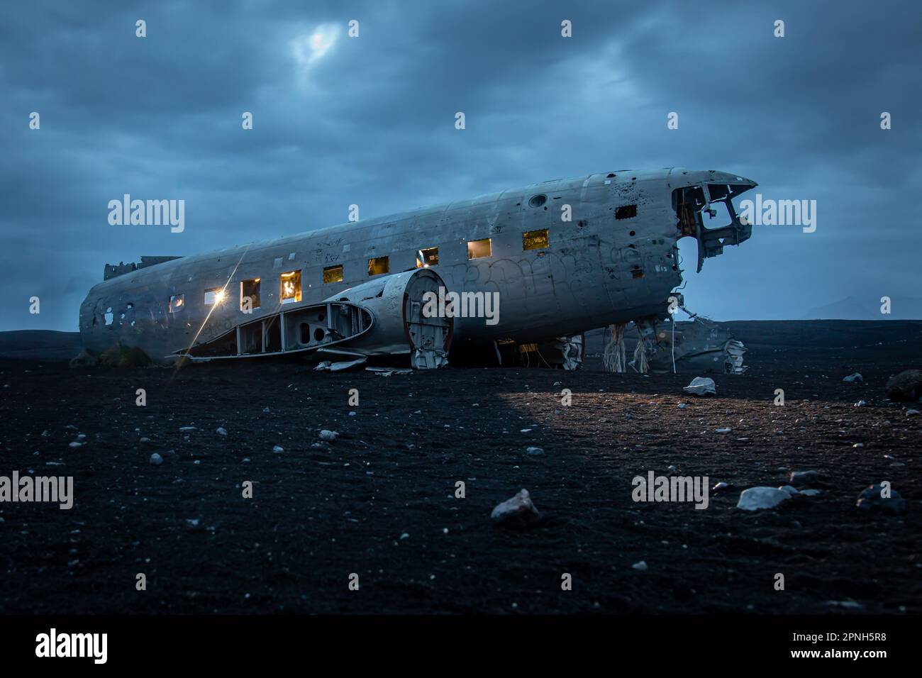 Iceland - August 2021: Light effect during night of the old crashed ...