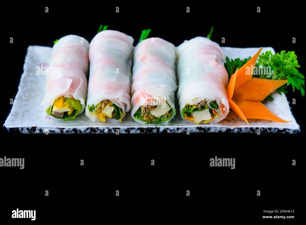 Vietnamese Pho spring roll with seafood, tofu, vegetables isolated on ...