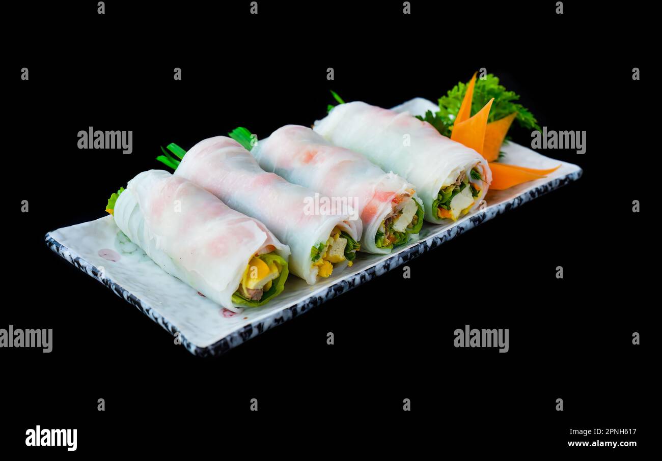 Vietnamese Pho spring roll with seafood, tofu, vegetables isolated on ...