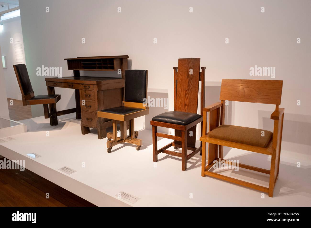 Furniture by the reknowned architect Frank Lloyd Wright at an exhibition of influential design ...
