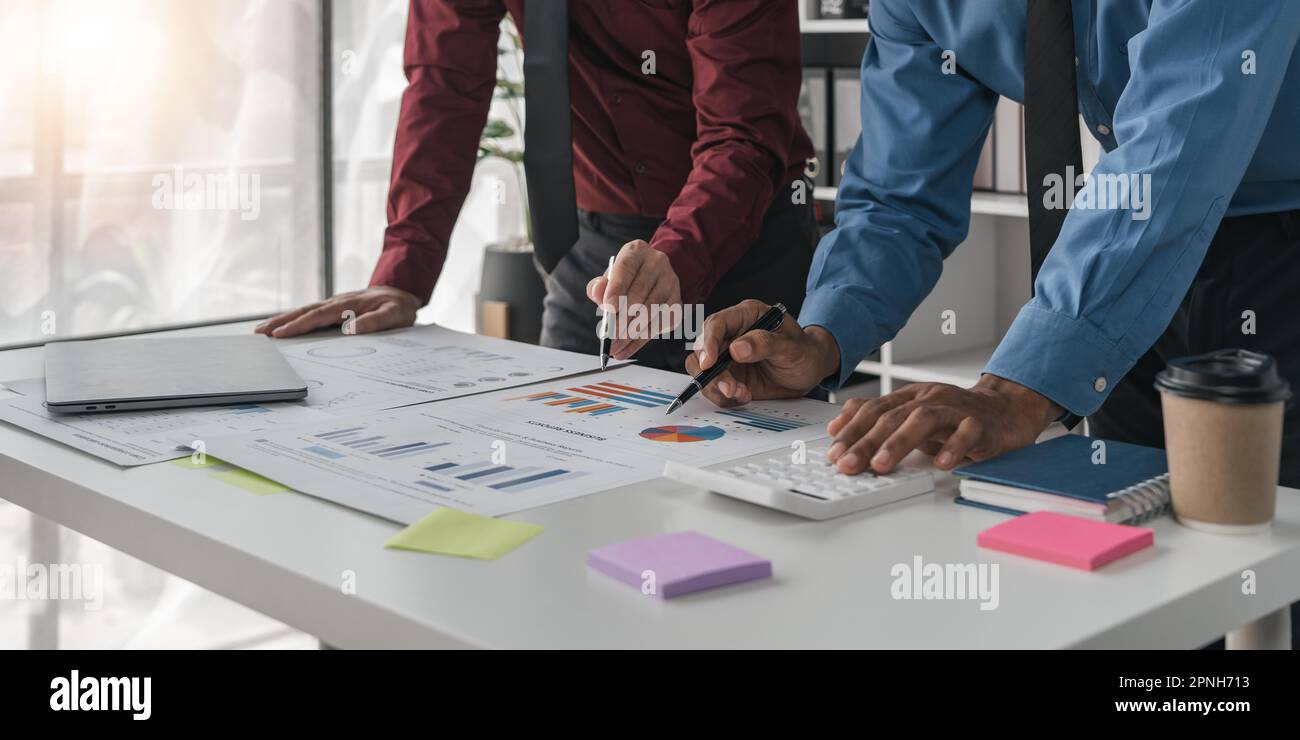 business meeting in office planning, goals or mission at desk with ...