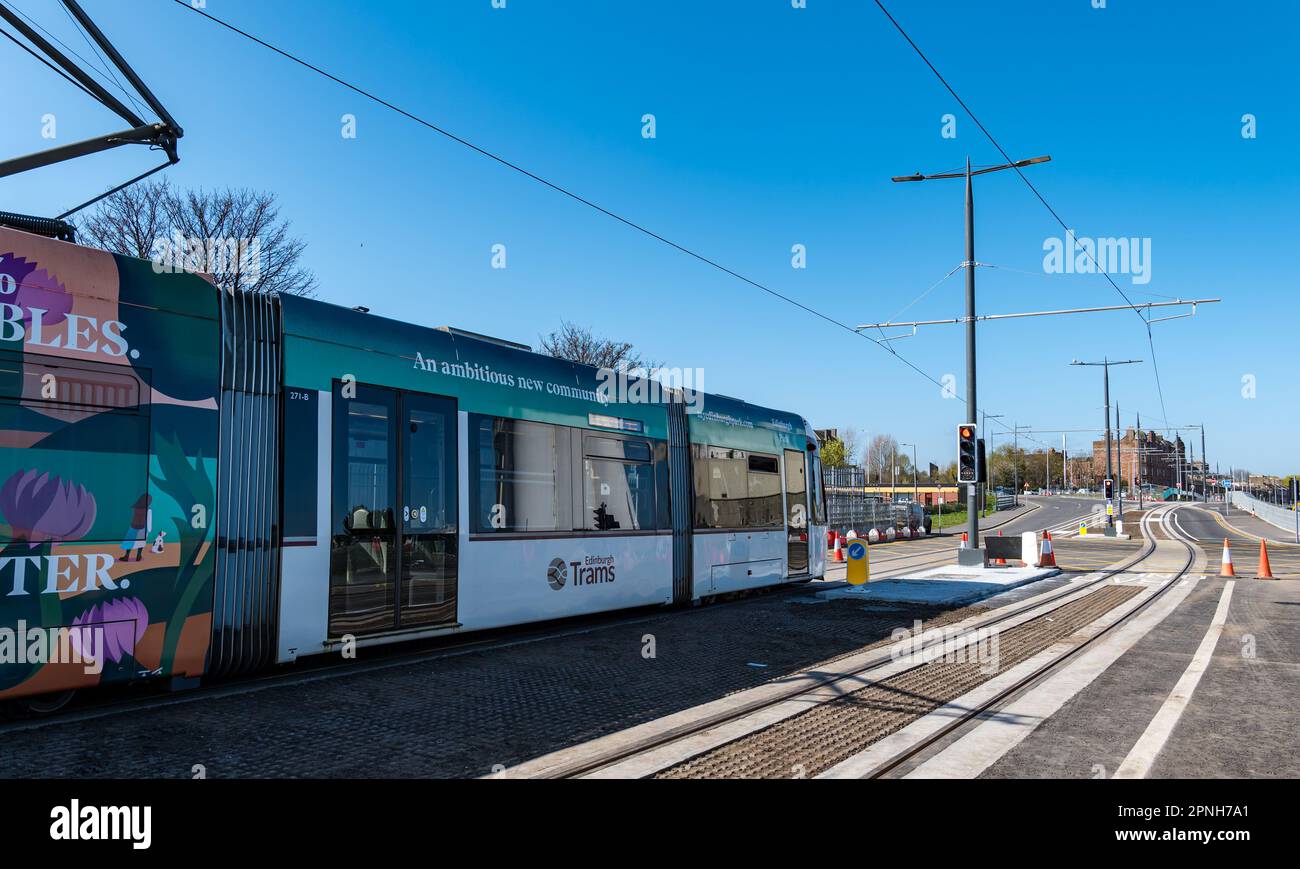 Leith, Edinburgh, Scotland, UK, 19th April 2023. Trams to Newhaven running: the first trams to ...