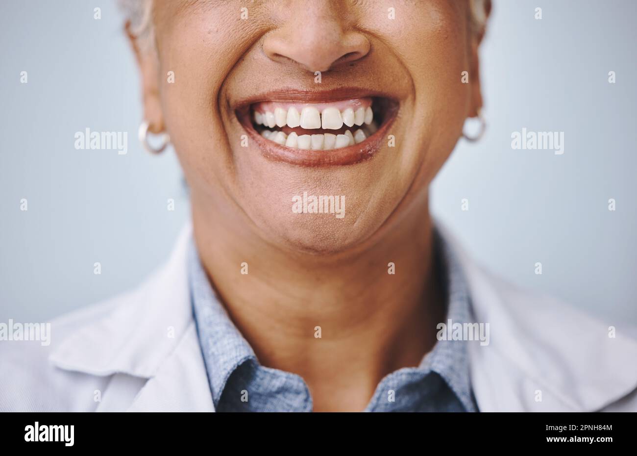 Dental, smile and elderly woman in studio for mouth, hygiene and ...