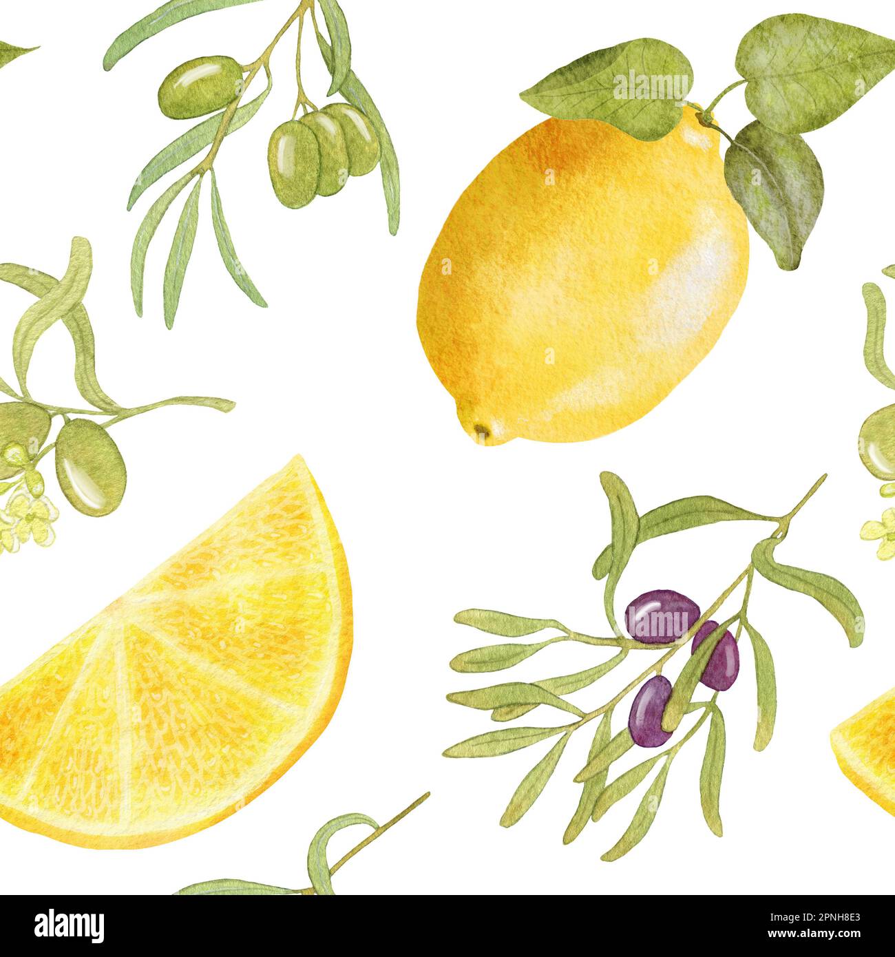 Watercolor Lemon Olive pattern. Seamless pattern with Lemons and Olive Branches. Hand drawn ...