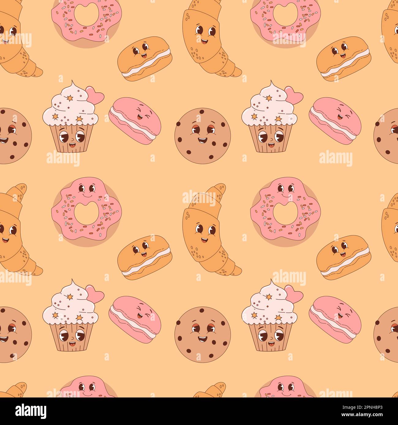 Groovy tasty retro seamless pattern. Cute cartoon pastries and desserts ...