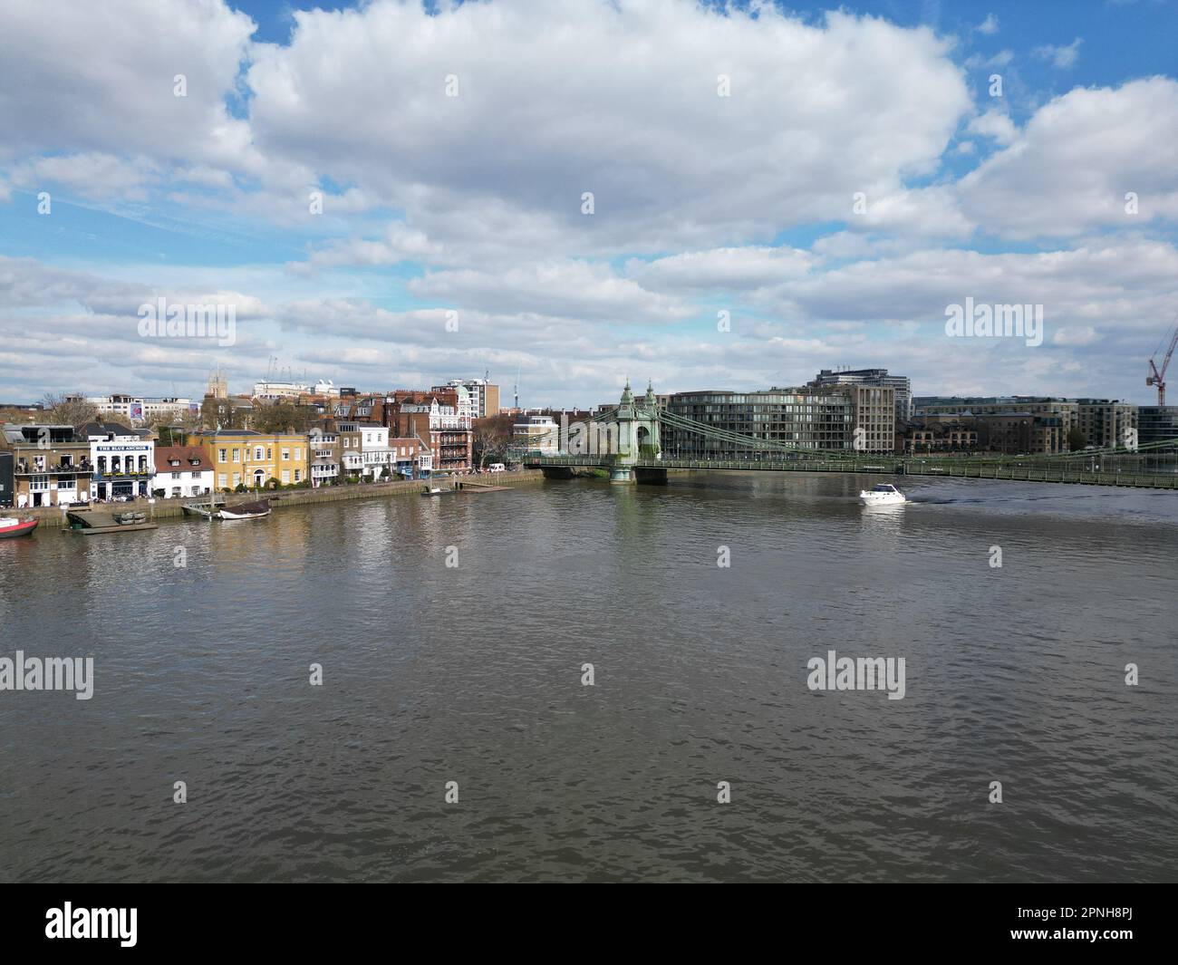 Hammersmith suspension bridge West London UK drone aerial view Stock ...