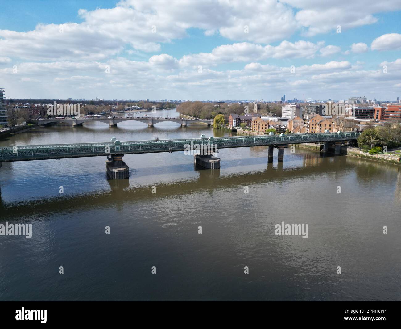 Fulham railway bridge over river Thames London UK drone aerial Stock ...