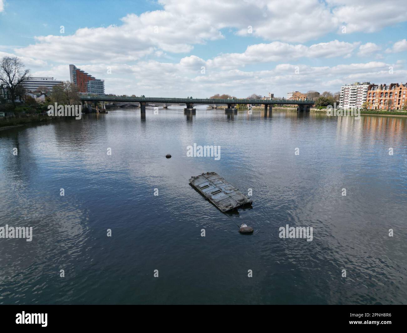 Fulham railway bridge over river Thames London UK drone aerial Stock ...