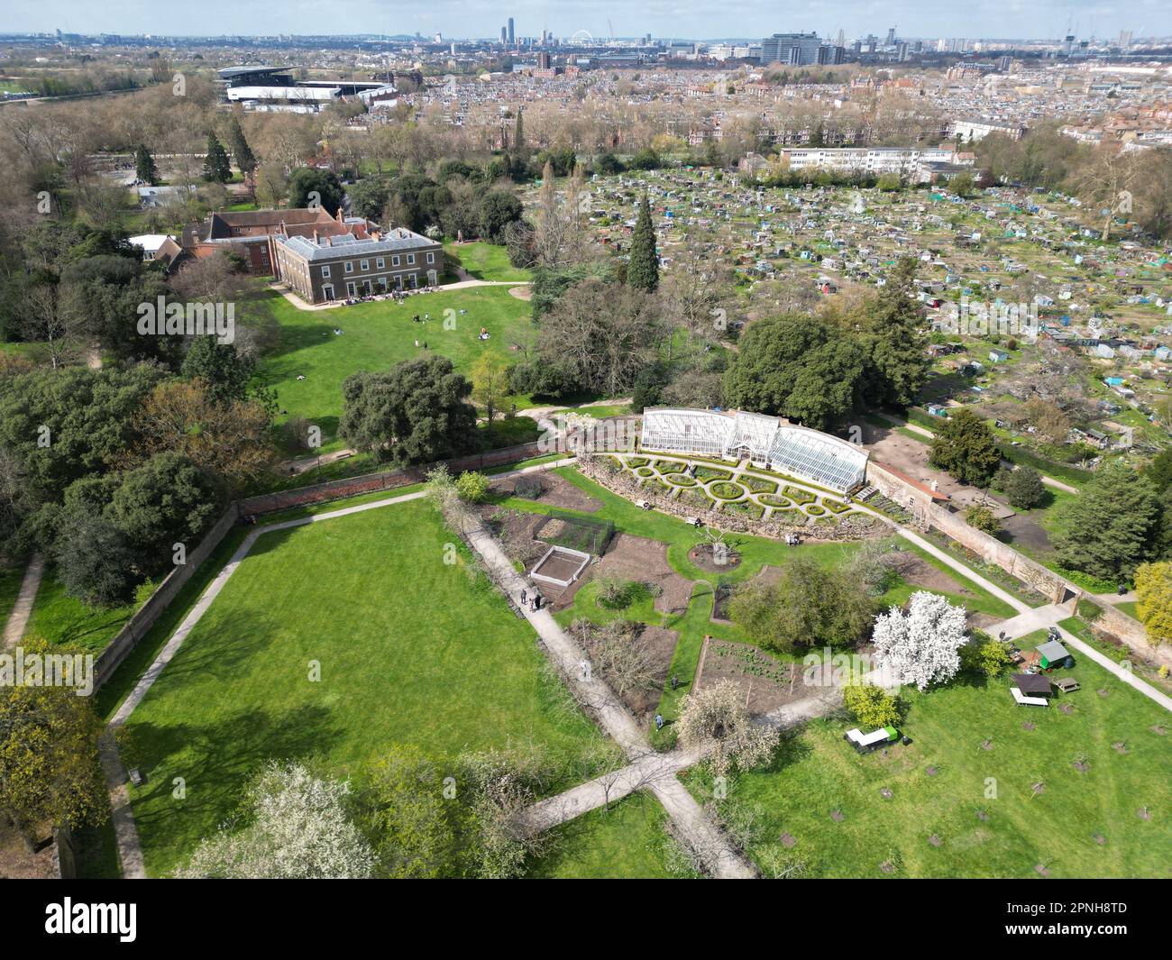 Fulham Palace house and gardens London UK drone aerial view Stock Photo ...