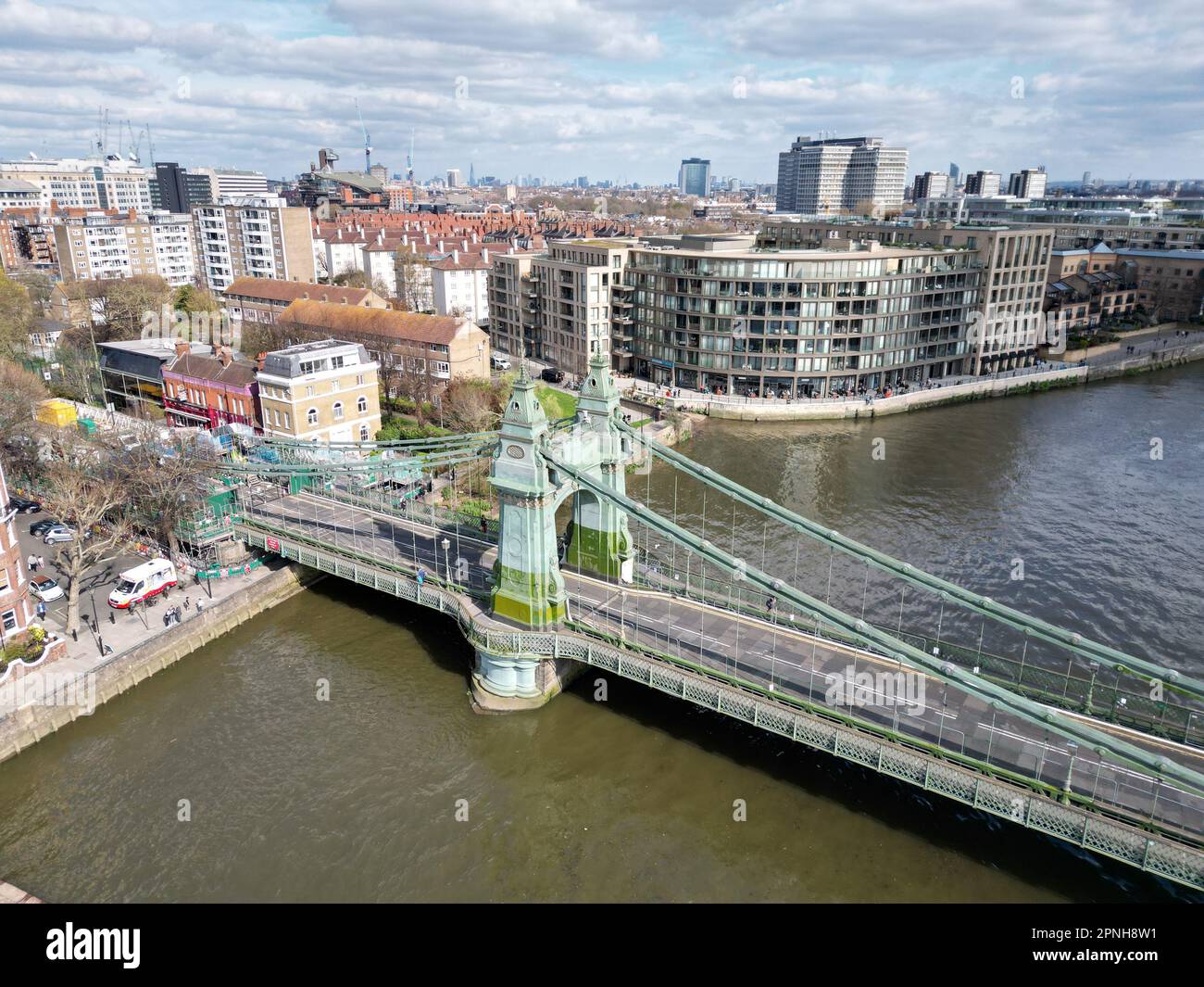 Hammersmith suspension bridge West London UK high angle drone aerial ...