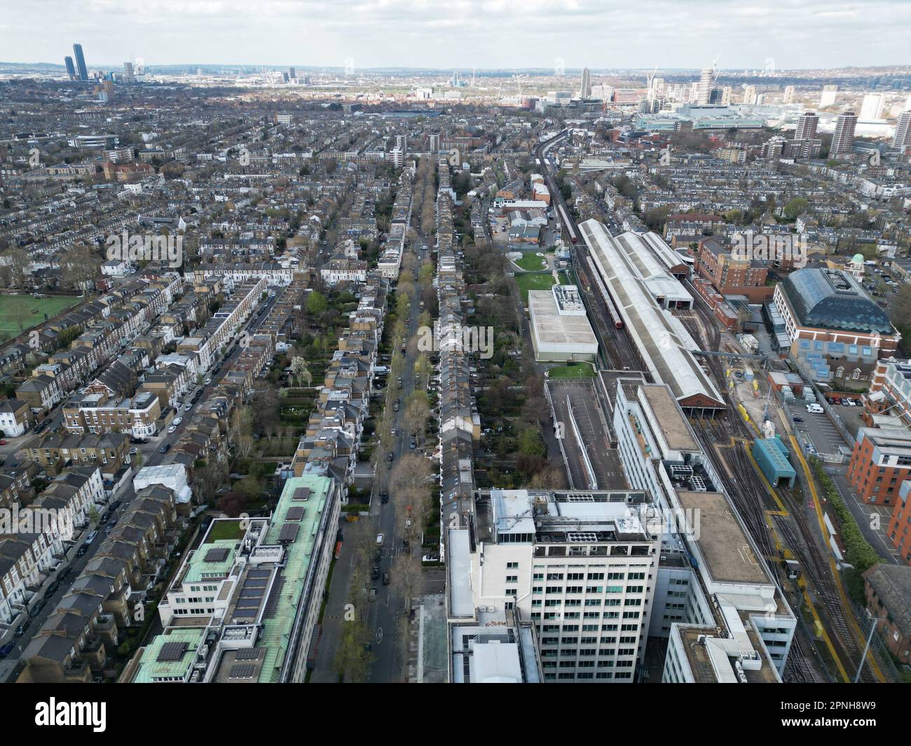 Streets and roads Hammersmith West London UK drone aerial view Stock ...