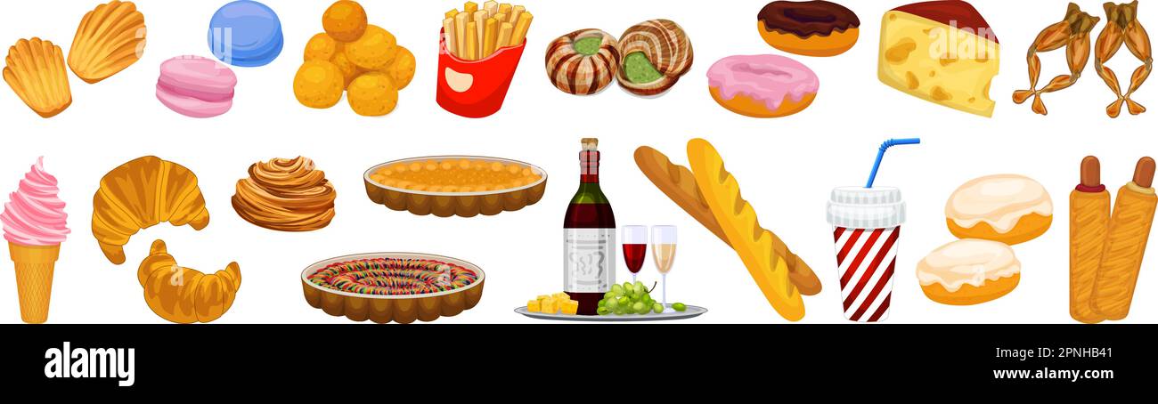 French food icons set cartoon vector. Cafe meal. Crepe restaurant Stock ...