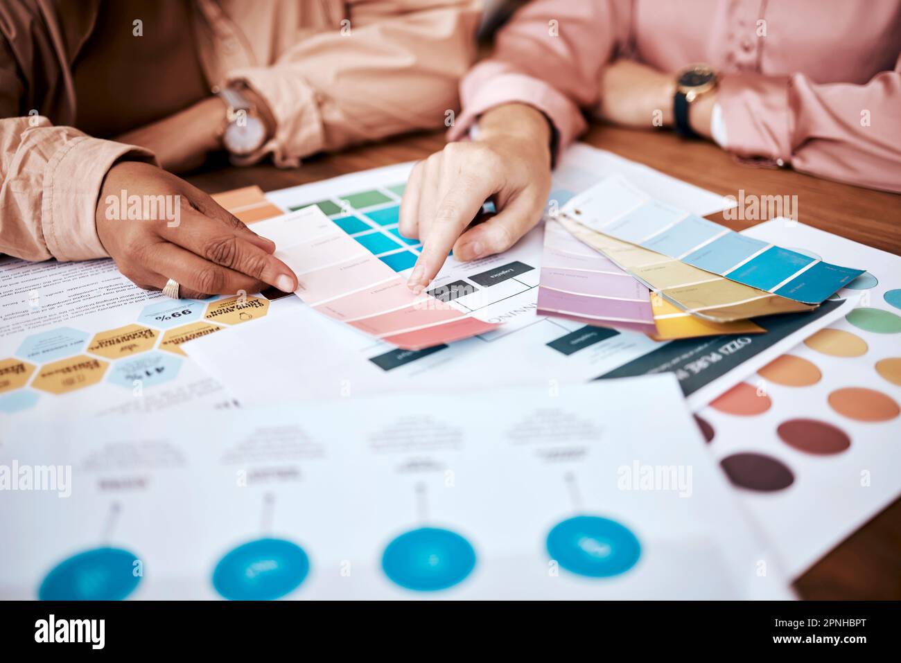 Creative business people, hands and color palette in planning ...
