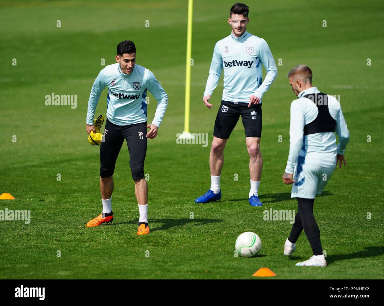 West Ham United's Nayef Aguerd (left), Declan Rice (centre) and Manuel ...