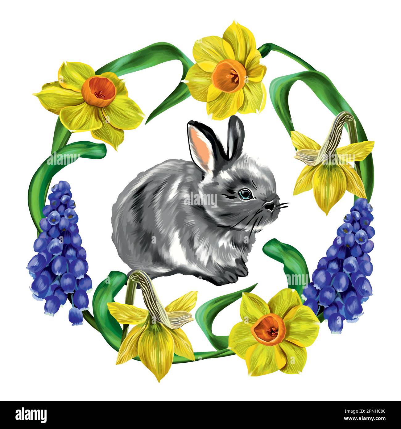 Vector illustration of a gray rabbit decorated with a frame of flowers ...