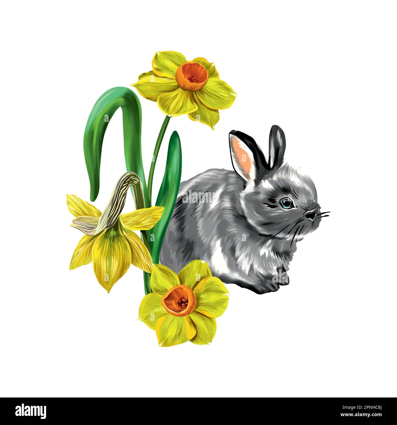 Vector illustration of a gray rabbit decorated with spring flowers ...